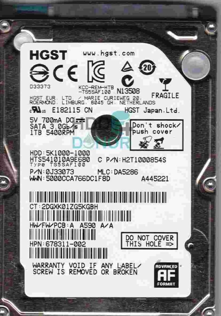 HTS541010A9E680, PN 0J33073, MLC DA5286, HGST Hitachi 1TB SATA 2.5 ...